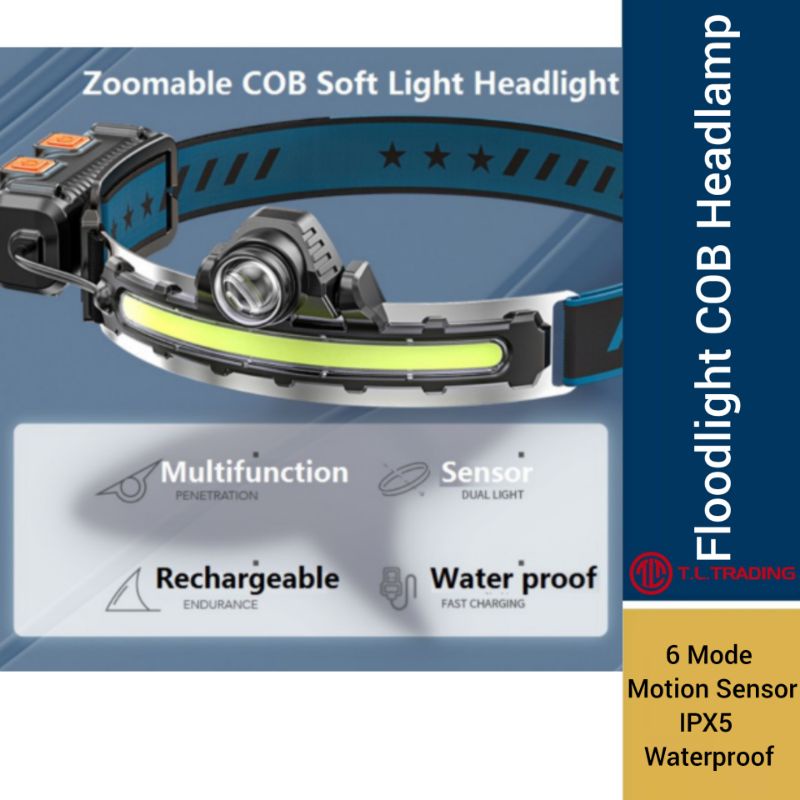 Floodlight COB Stainless Steel XPE Headlamp 270°Wide Beam Rechargeable ...