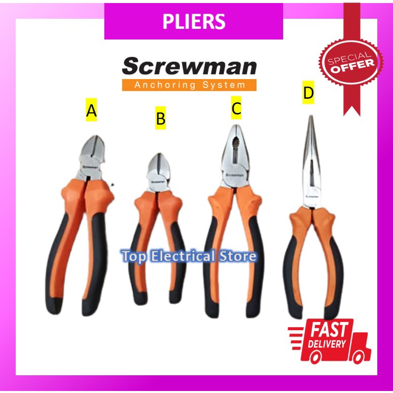 SCREWMAN LONG NOSE PLIERS / COMBINATION PLIERS / DIAGONAL CUTTER PLIERS ...