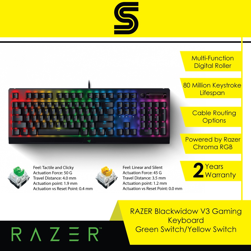 RAZER Blackwidow V3 Gaming Keyboard - Green Switch/Yellow Switch ...