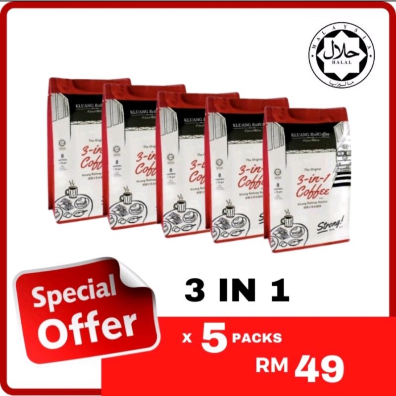 SERBUK KOPI KLUANG RAIL COFFEE 3 IN 1 (8 SACHETS X 36GM) 5 PACKS ...