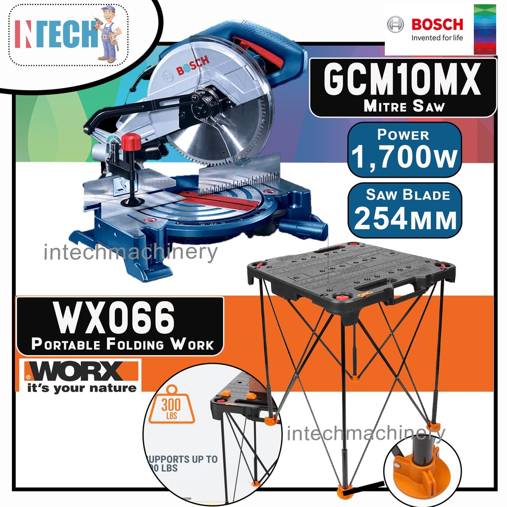 COMBO SET BOSCH GCM10MX MITRE SAW C/W WORX WX066 SIDEKICK TABLE WORK ...