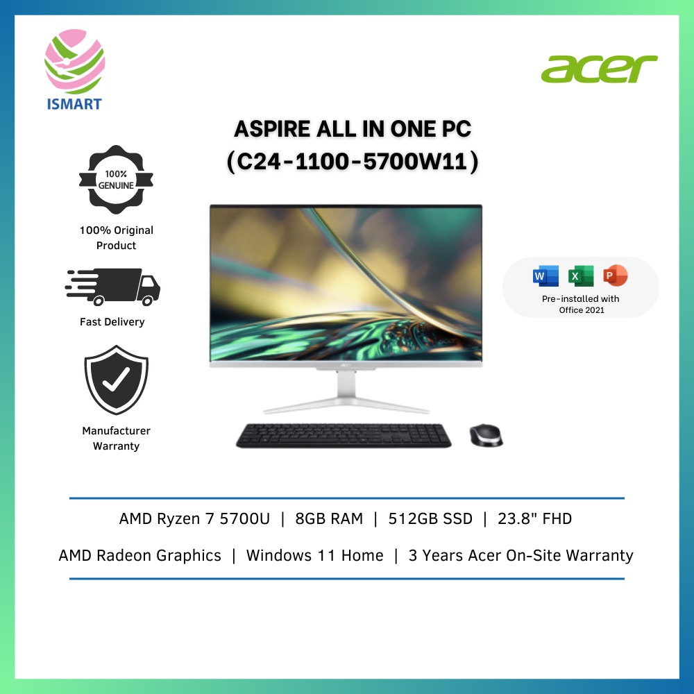 Acer Desktop PC Aspire C24-1100-5700W11 23.8" FHD AIO ( R7-5700U, 8GB ...