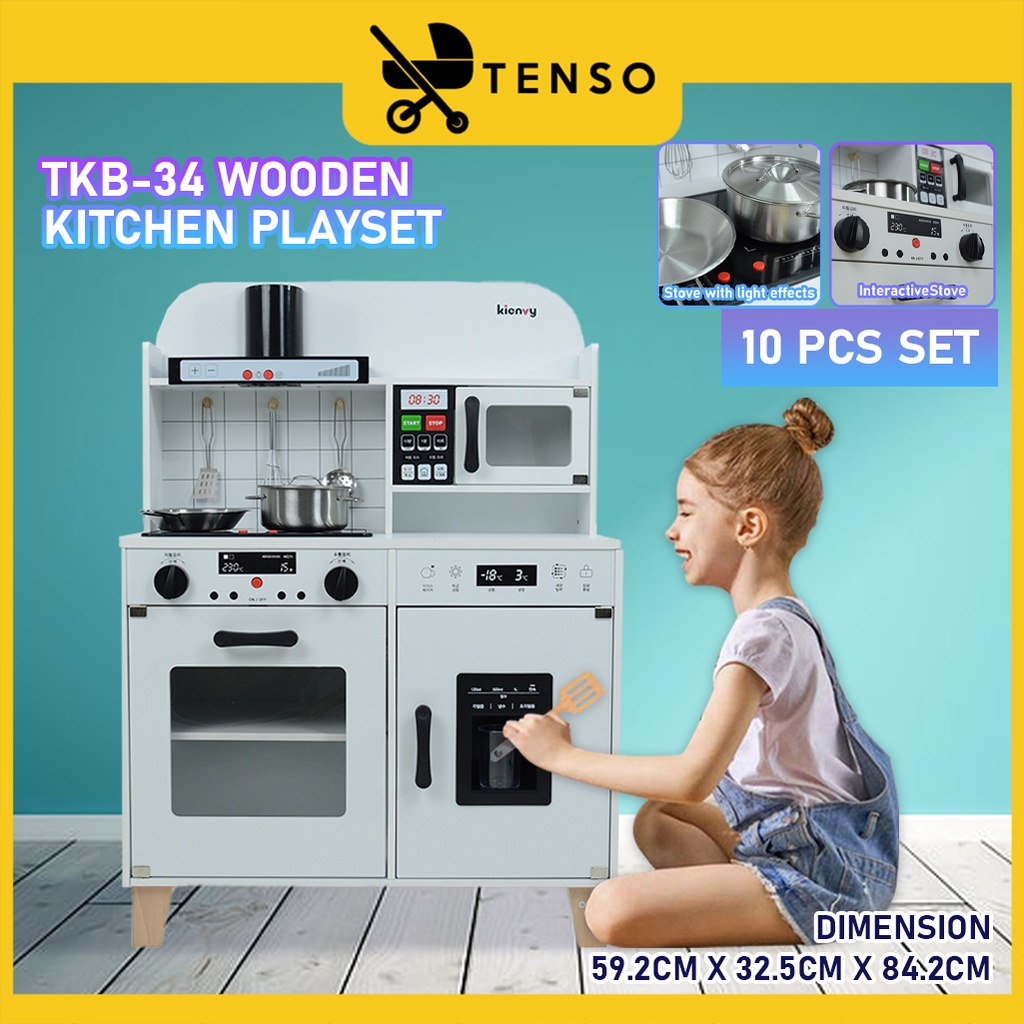 Tenso【3 in 1 set】European Children Wooden Kitchen Playset Kids Pretend Play Fridge Water Flow ...