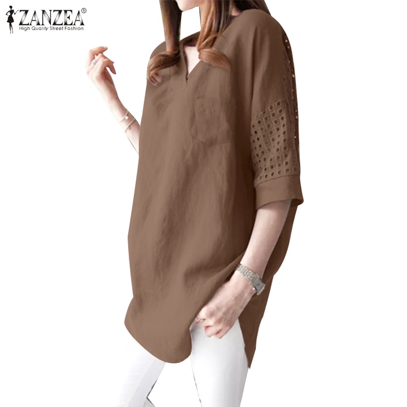 ZANZEA Women Half Sleeve V-Neck Lace Patchwork Leisure Thin Blouse ...