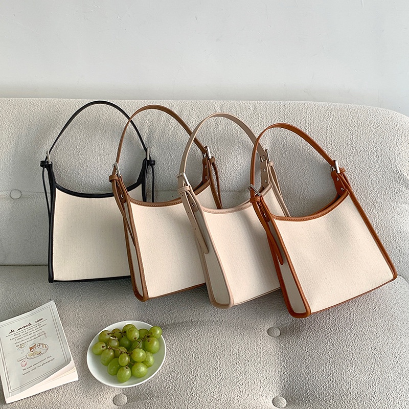 Retro contrast color canvas bag women's stitching shoulder handbag ...