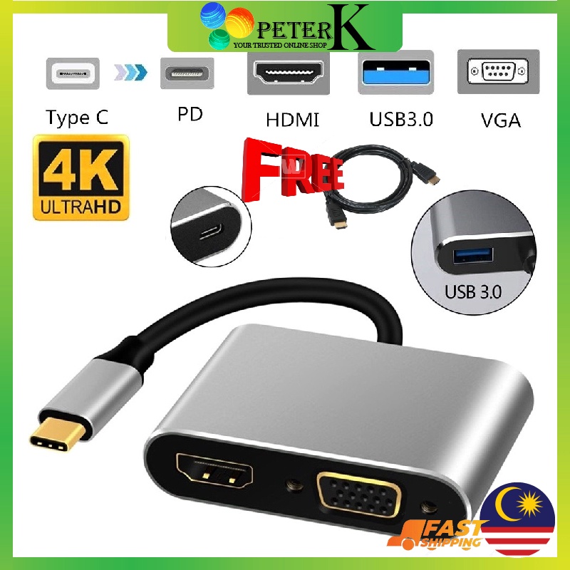3in1/ 4in1 Type-C USB 3.1 To HDTV HDMI VGA USB 3.0 Type C Female ...