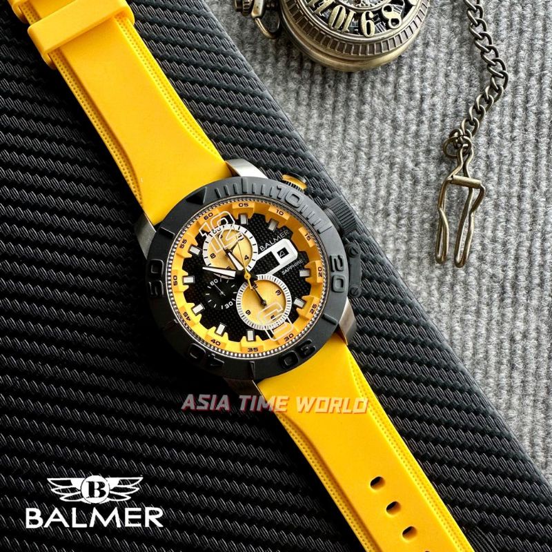 BALMER | 8811G SS-42 Chronograph Sapphire Men's Watch with Black Yellow Dial Yellow Silicon ...