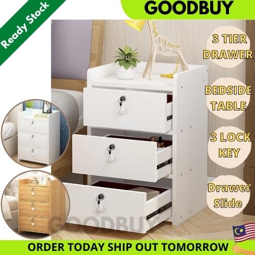 3 Tier 3 Lock Side Bed Table With Drawer & Lock Almari Katil Side Table ...