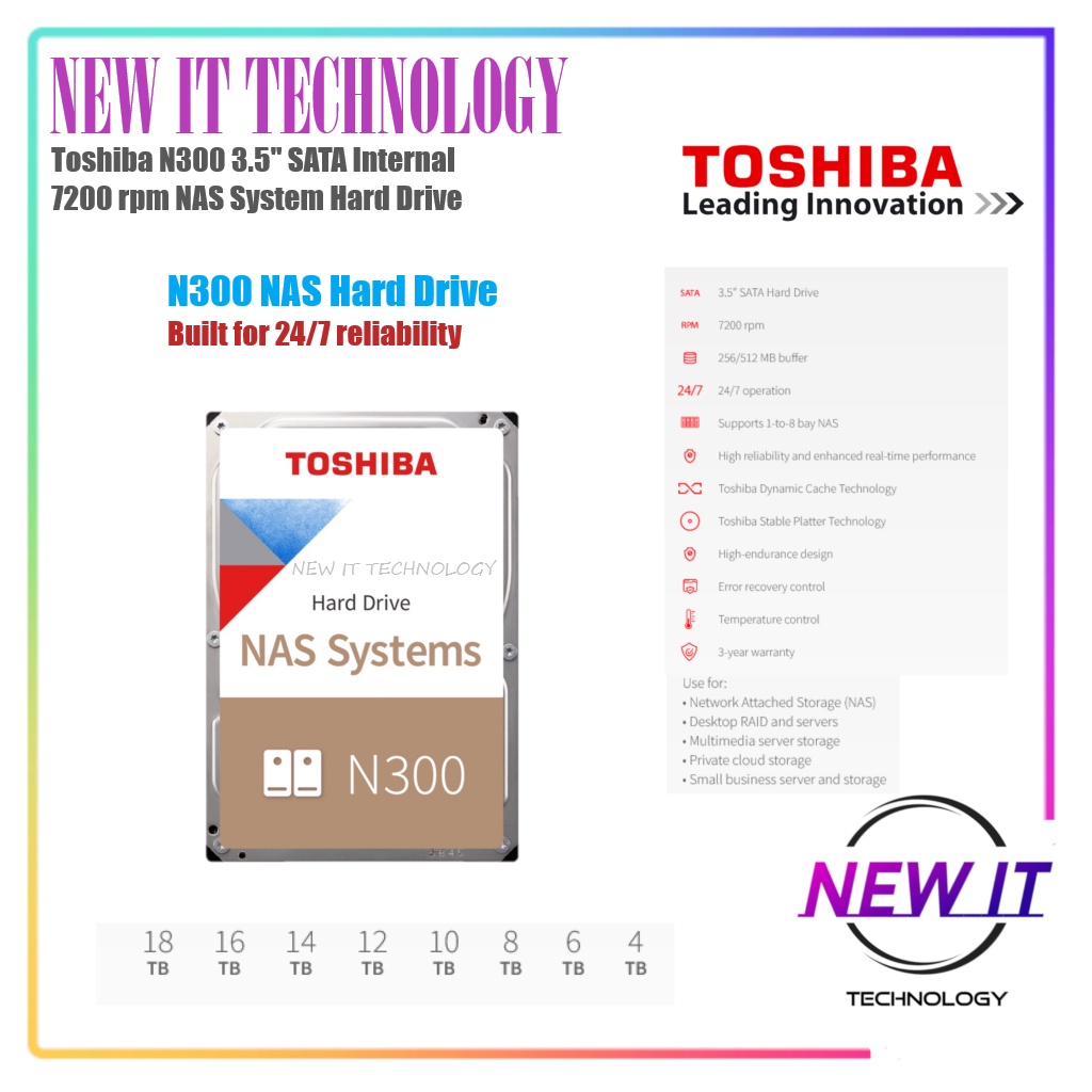 Toshiba N300 3.5" SATA Internal 7200 rpm NAS System Hard Drive (4TB,6TB,8TB,10TB,12TB,14TB,16TB ...