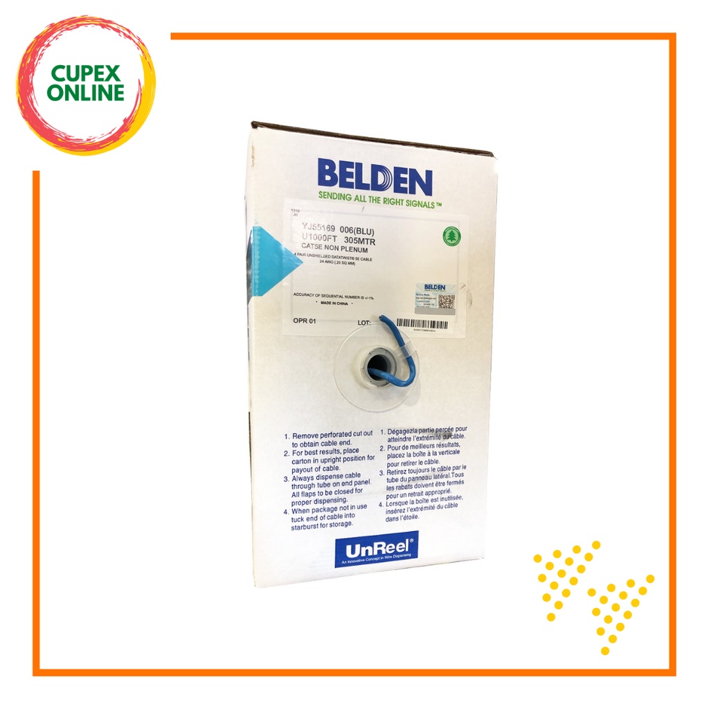 [305 M] BELDEN YJ55169 006U1000 CAT5E UTP CABLE 24AWG 4PR PVC BLUE 1000 ...