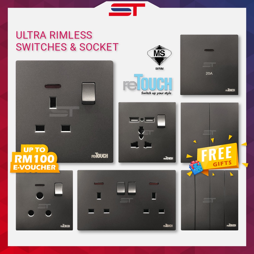 Retouch Ultra Rimless Switch Socket MATT GREY / 20A / 13A SWITCH SOCKET ...