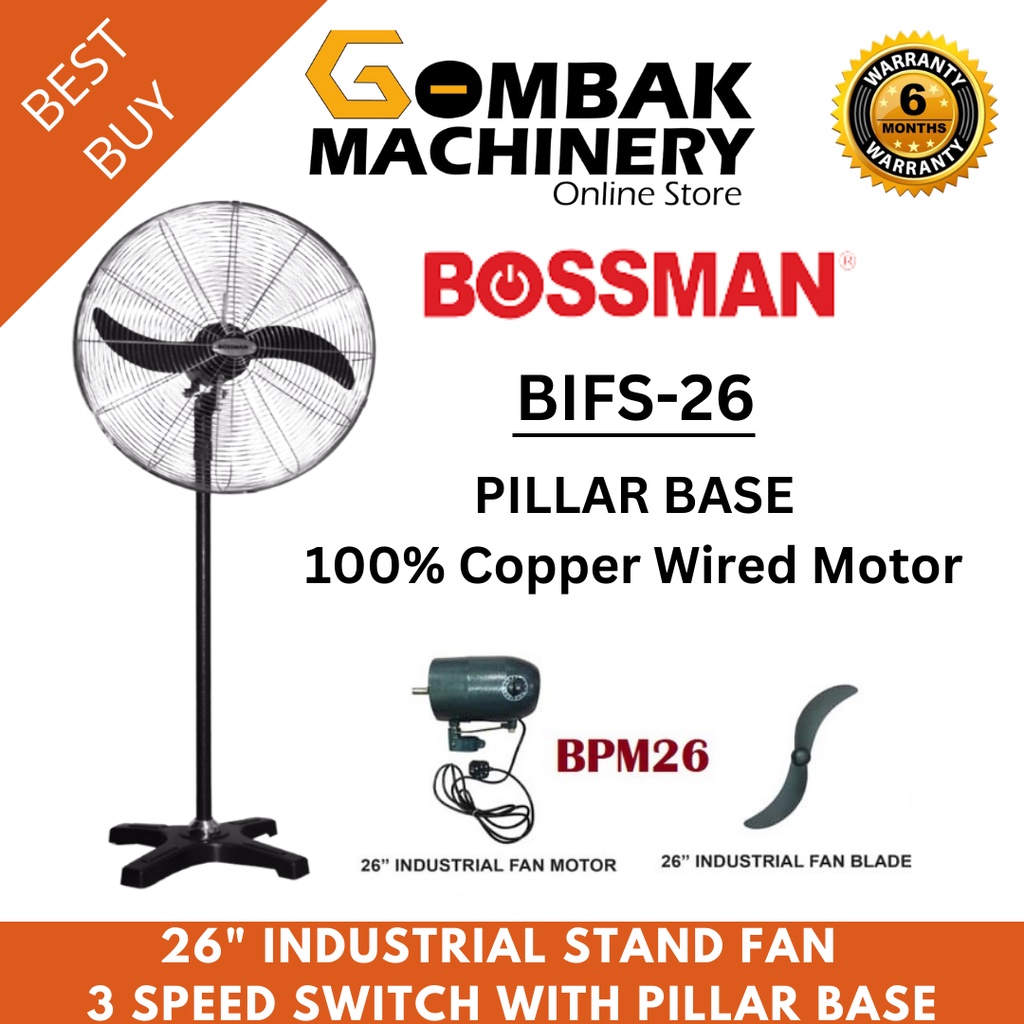 BOSSMAN BIFS-26 26" Industrial Stand Fan (Pillar Base) -Heavy Duty -6 ...