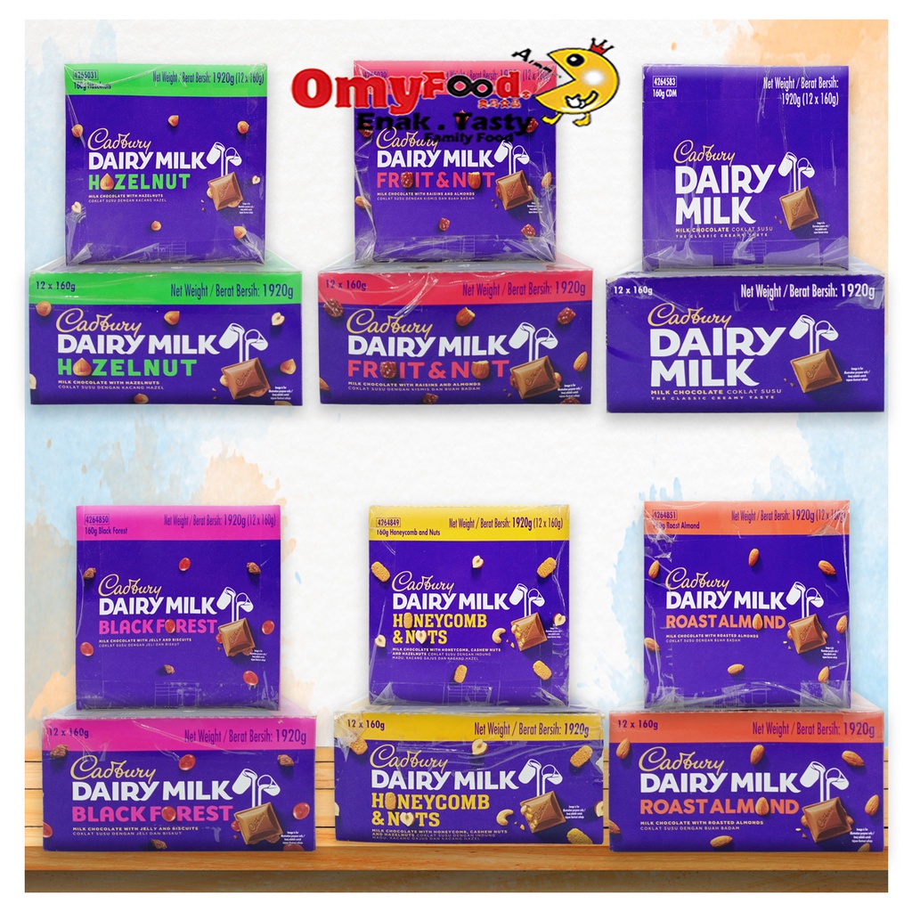 160gx12pcs(1box)Cadbury Dairy Milk Chocolate [Hazelnut/Fruit&Nut/Plain ...