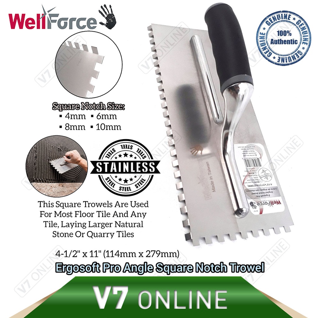 WELLFORCE 45 Degree Angled Notch Trowel Stainless Steel 4-1/2"x11" (114x279mm) For Wall ...
