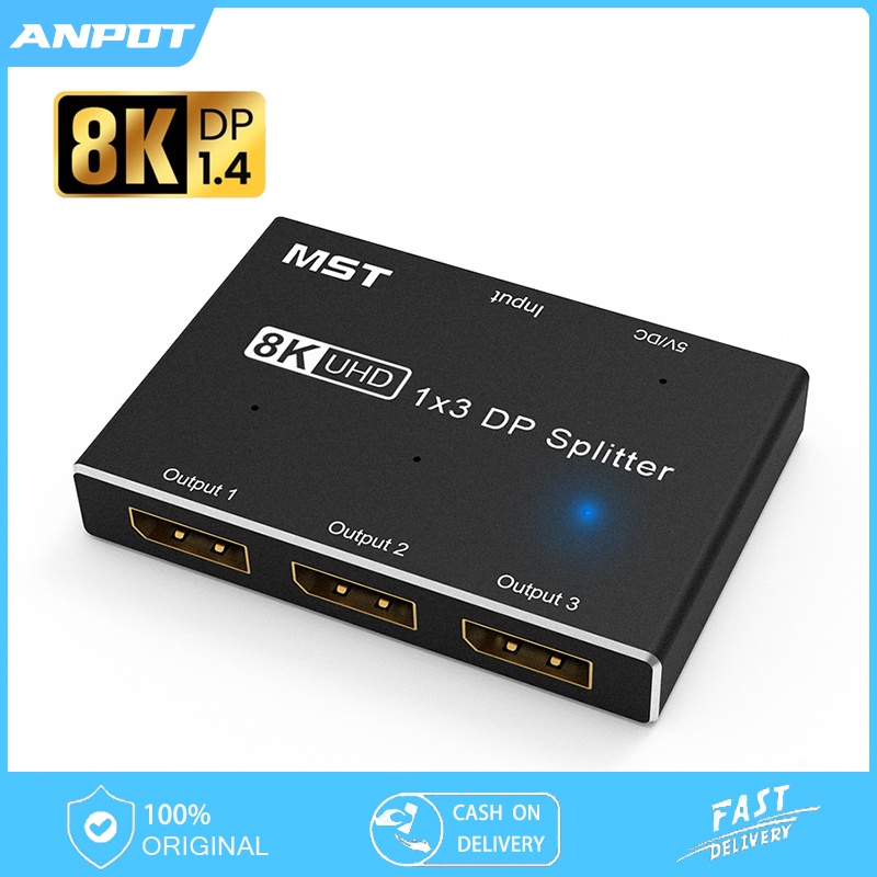 DisplayPort Splitter 1 in 3 Out 8K@30Hz 4K@144Hz DP 1.4 Triple Splitter MST SST Hub Adapter 1x3 ...