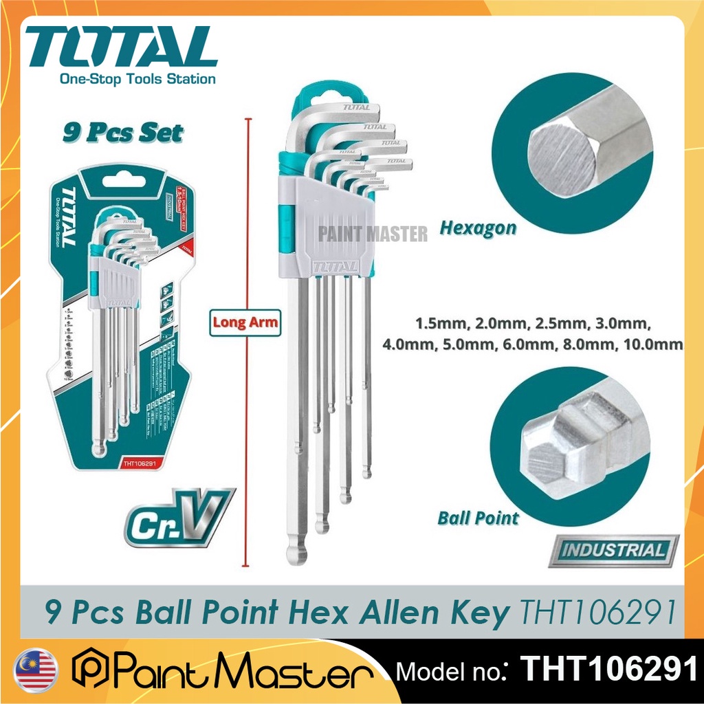 TOTAL 9 Pcs Ball Point Hex Allen Key Set 球型头内六角扳手套装 - THT106291 ...