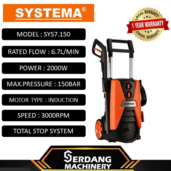 SYSTEMA SYS7-150 HIGH PRESSURE CLEANER 2.0KW 150BAR- 12 MONTHS LOCAL ...