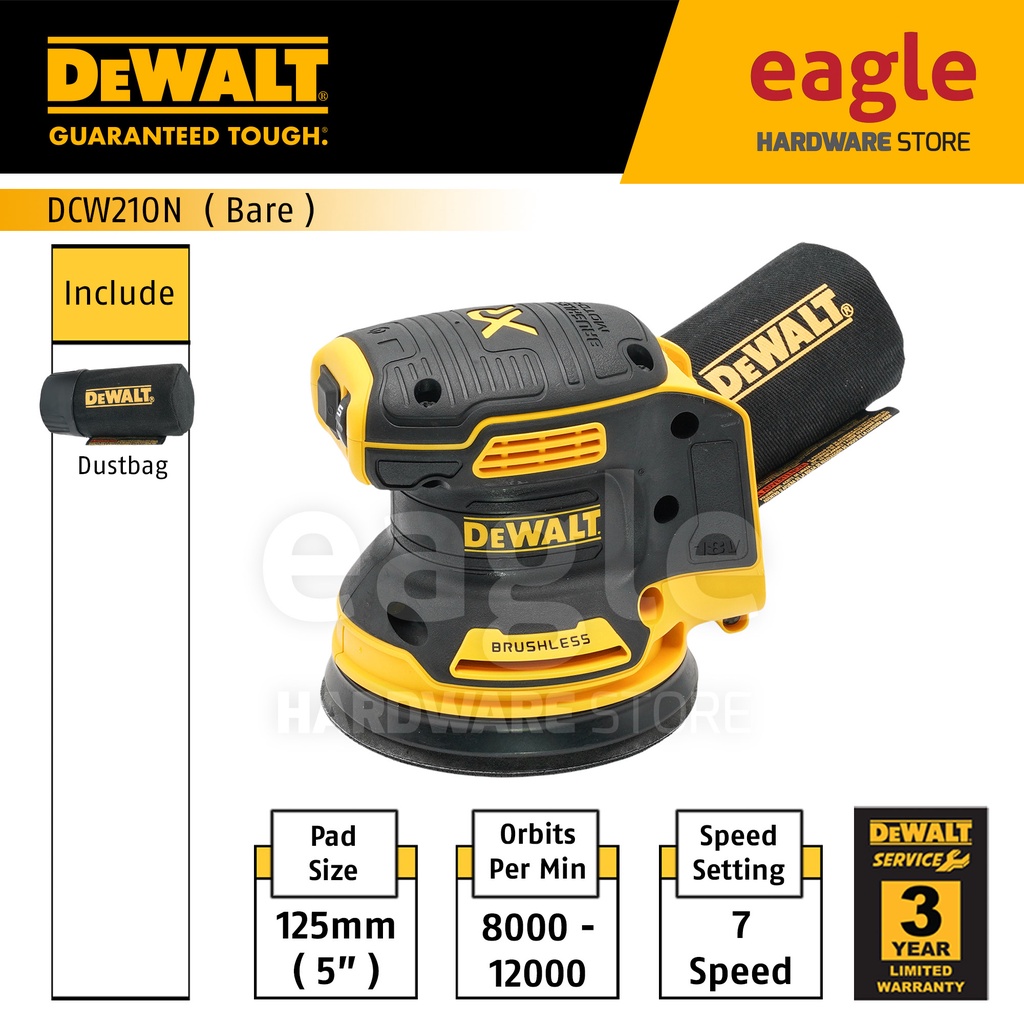 Dewalt DCW210N-XJ 125mm ( 5" ) 18/20V Brushless Cordless Orbital Sander ...