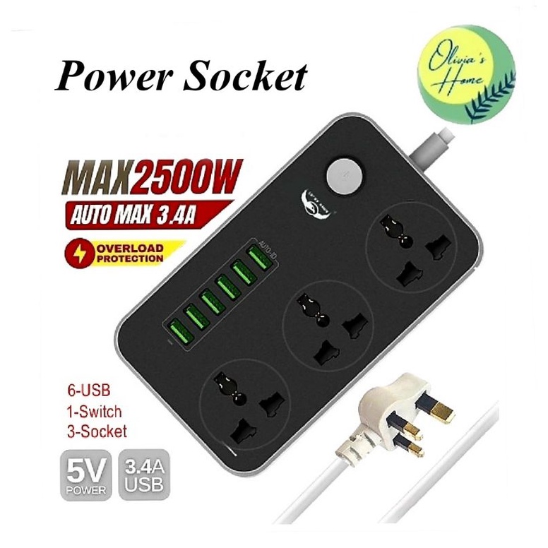 Power Socket 6 USB Port Auto Max 3.4A With 3 Anti-Static Power Socket ...
