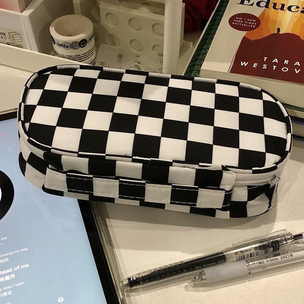 1Pc black and white chessboard checked pencil case, small and fresh ...