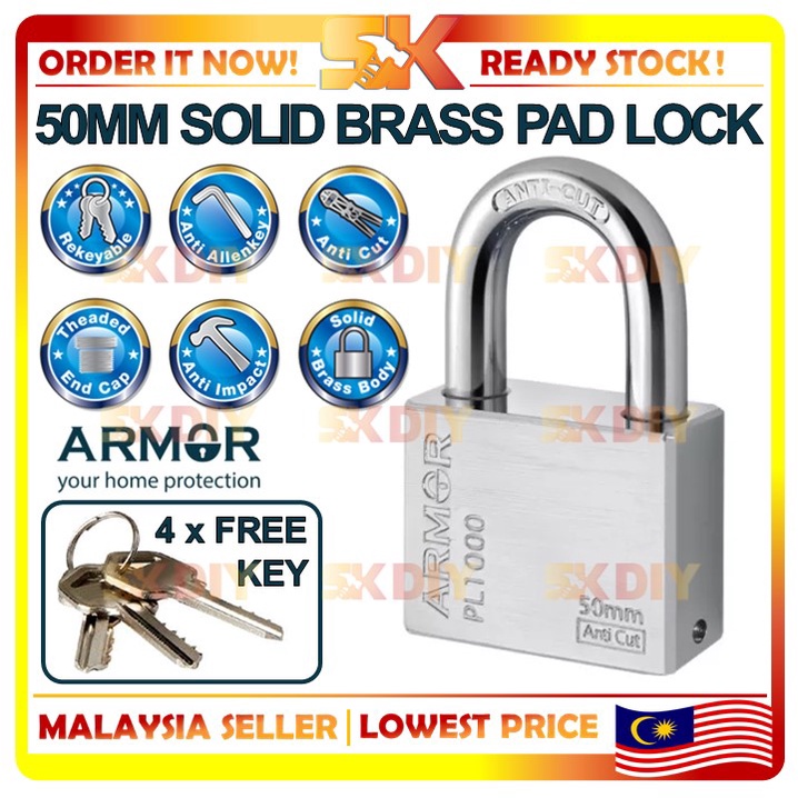 🇲🇾ARMOR Security SOLID BRASS PAD LOCK FREE4 KEY LOCK PINTU(ANTI CUT ...
