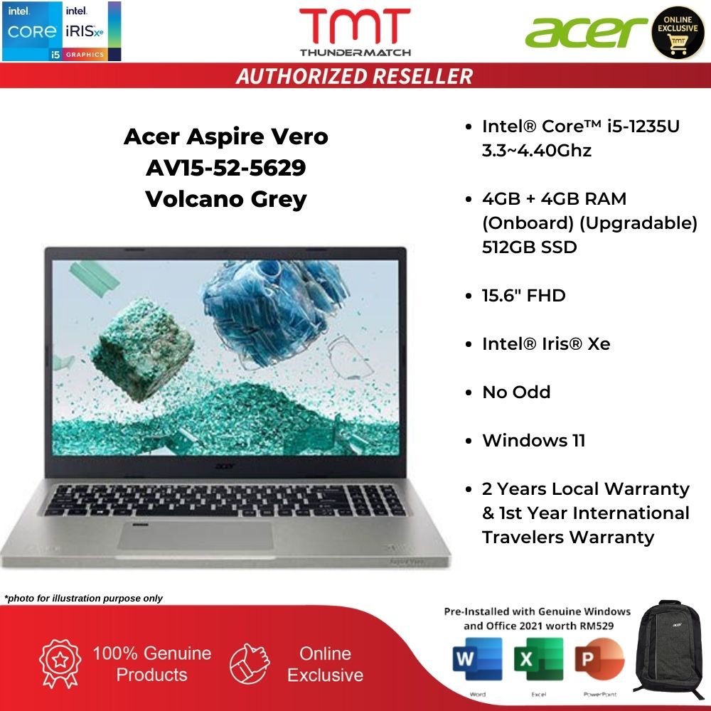 Acer Aspire Vero AV15-52-5629 Grey Laptop | i5-1235U | 4GB+4GB 512GB ...