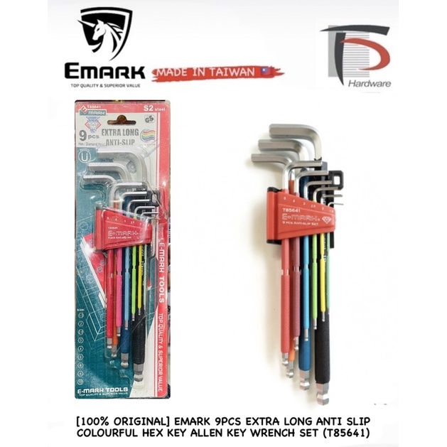 [100% ORIGINAL] EMARK 9PCS EXTRA LONG ANTI SLIP COLOURFUL HEX KEY ALLEN KEY WRENCH SET (T85641 ...