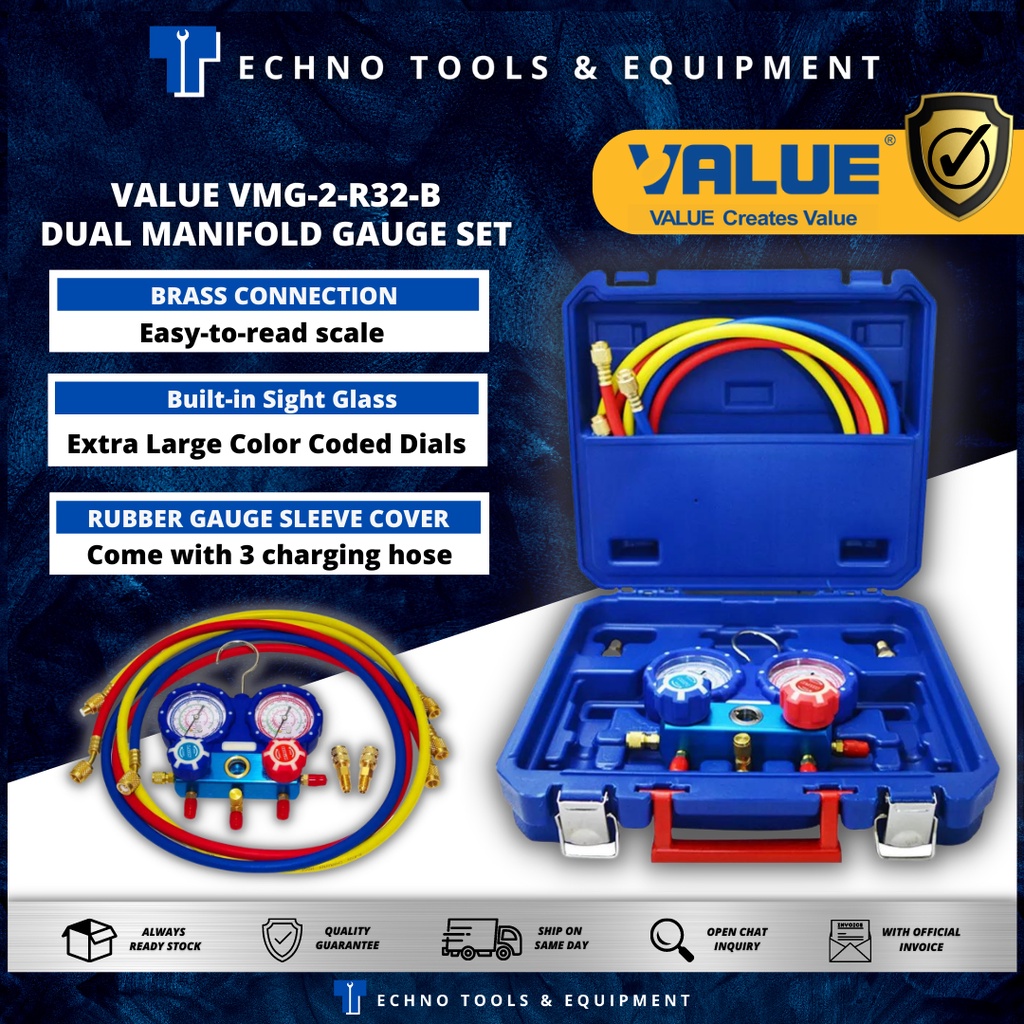 VALUE Air-Cond Dual Manifold Gauge Set R410a, R32, R22, R134a (VMG-2 ...