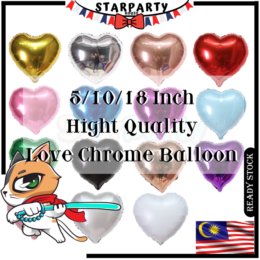 5/10/18 Inch Love /Heart Shape Chrome Plain Color Foil Helium Balloons ...