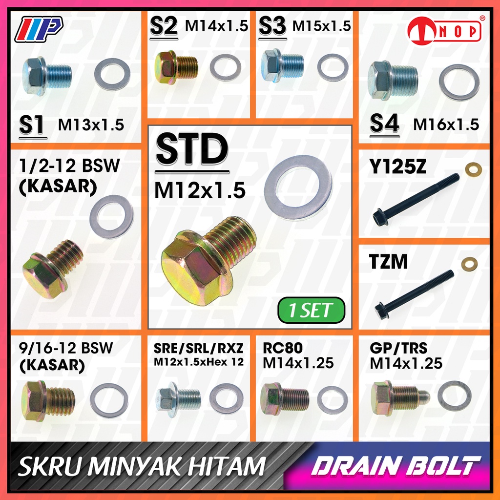 DRAIN BOLT Skru Minyak Hitam with Washer Set [NOP TOKYO] [1 PC] Oil ...