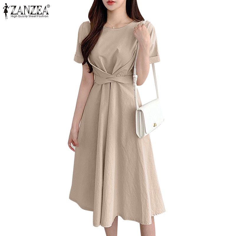 Zanzea Women Elegant Daily Short Sleeve Solid Color O Neck Crossover