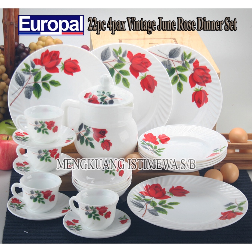 22 PC VINTAGE FLORA JUNE ROSE OPAL DINNER SET PINGGAN MANGKUK SE22168 ...