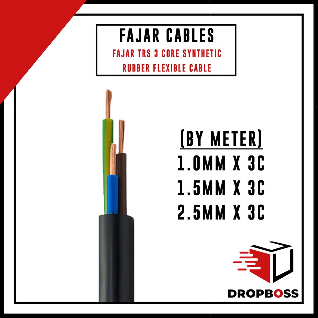 [BY METER] FAJAR CABLE TRS 1.0MM 1.5MM 2.5MM 3 CORE SYNTHETIC RUBBER FLEXIBLE CABLE CORE BLACK ...
