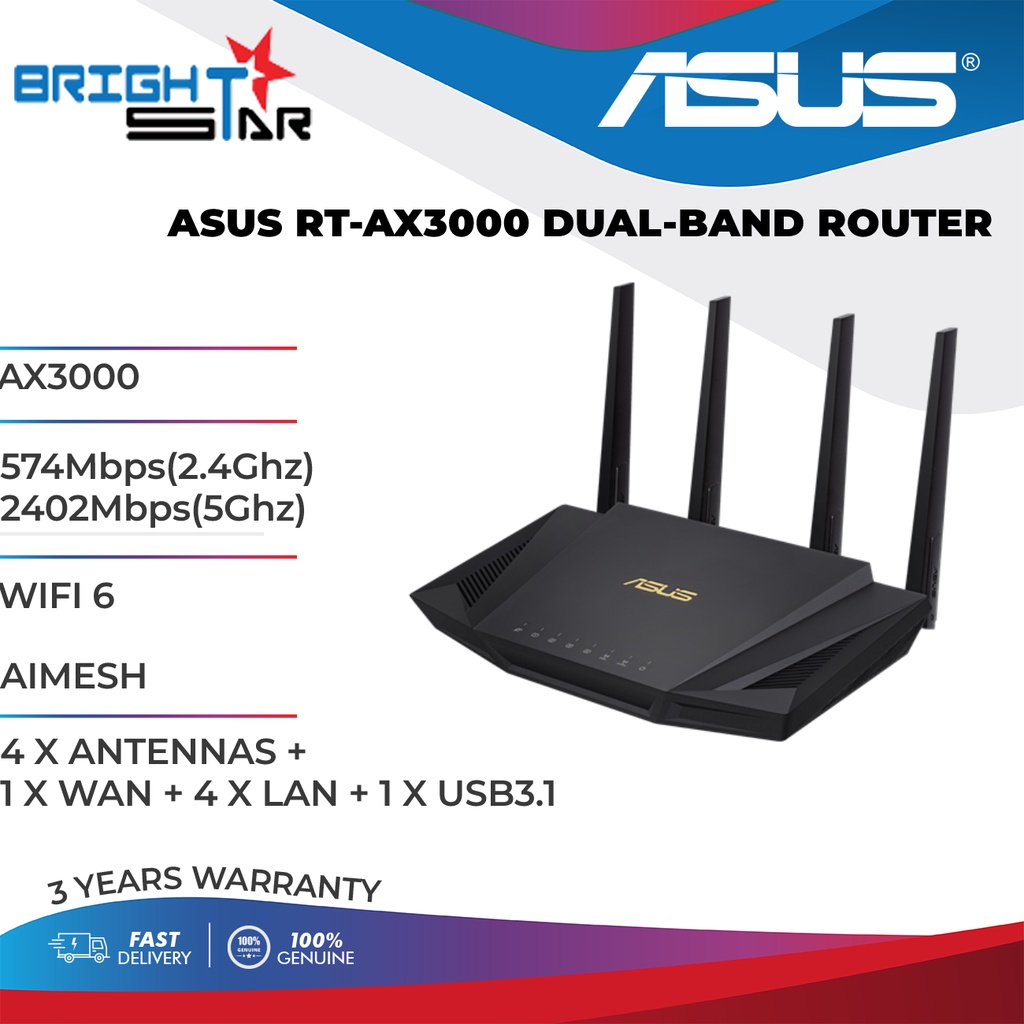 ASUS RT-AX3000 DUAL-BAND ROUTER / AX3000 / WIFI6 / 574Mbps(2.4Ghz ...