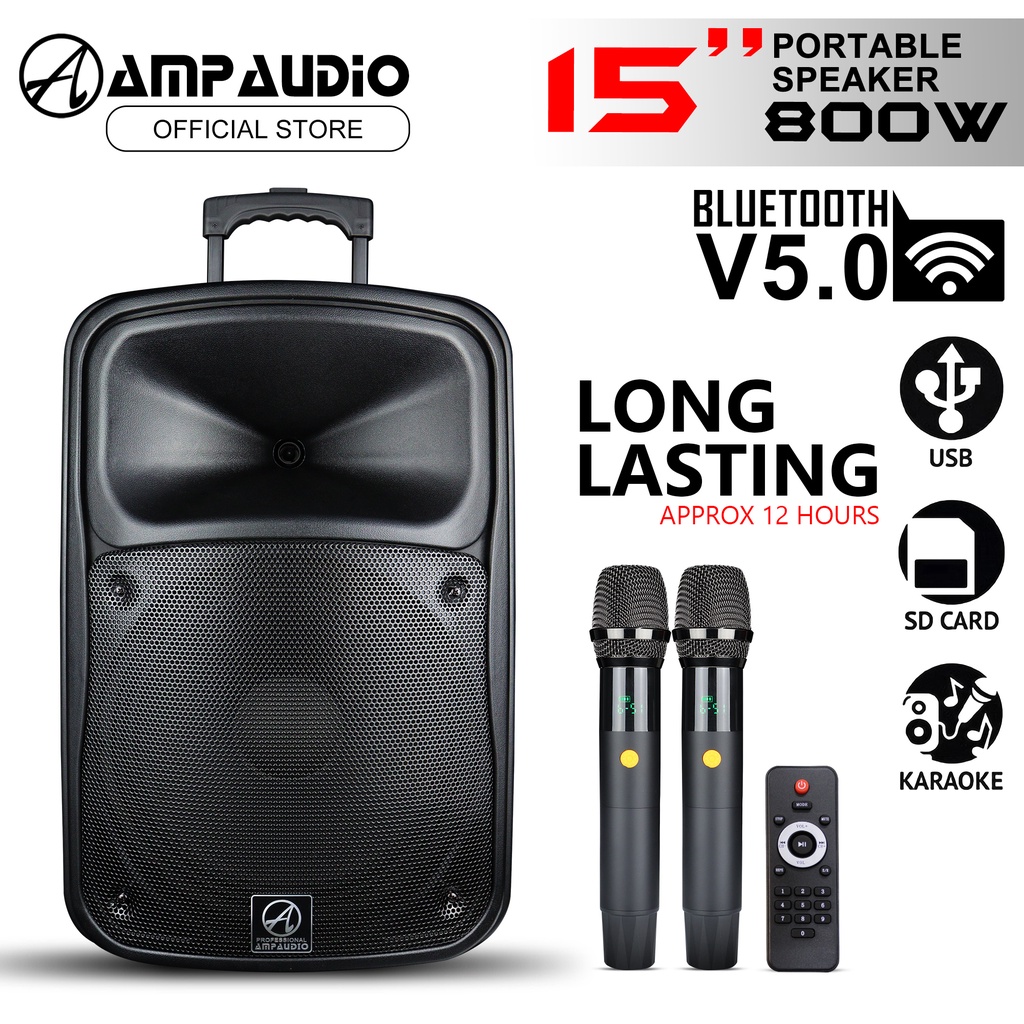 Ampaudio 15 Inch Portable Speaker Bluetooth Portable Speaker With 2 ...