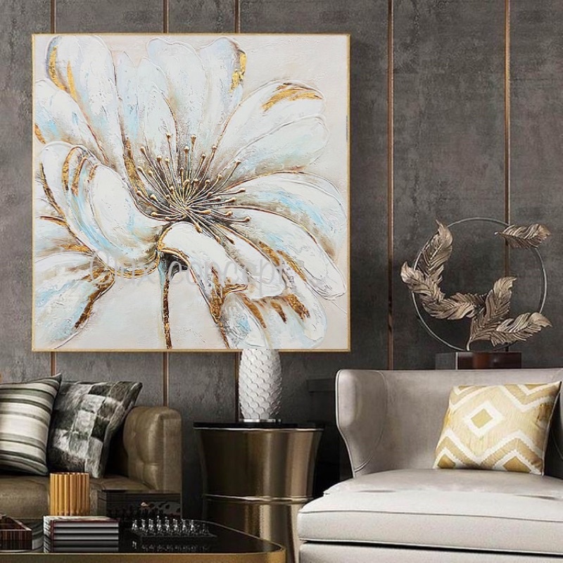 (with framed) Light luxury white flower abstract canvas print artwork ...