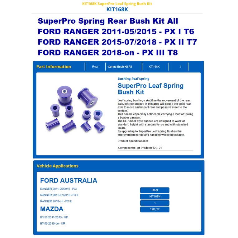 SUPERPRO REAR Leaf Spring Bush Kit All KIT168K FORD RANGER T6 T7 T8 BT ...