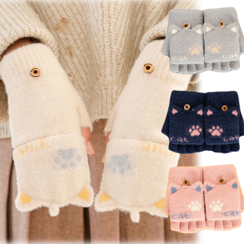 Soft Cat Paw Print Half Finger Gloves/Sweet Lovely Knit Warm Mittens ...