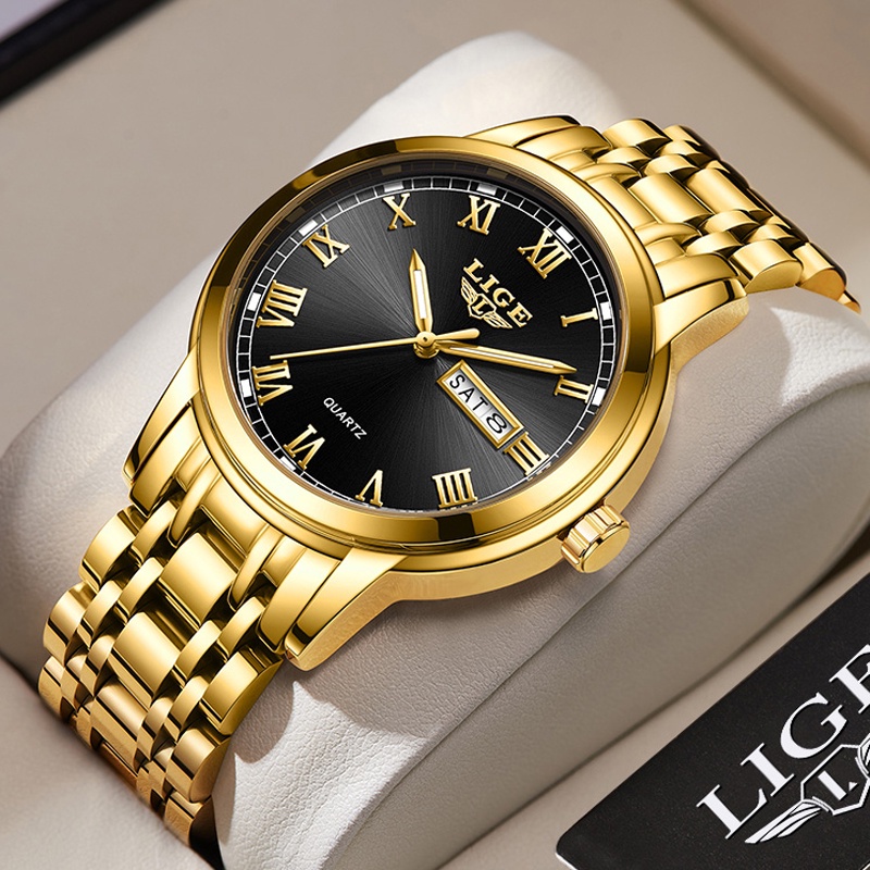 LIGE Men's Watch Fashion Top Luxury Brand Men's Gold Stainless Steel ...