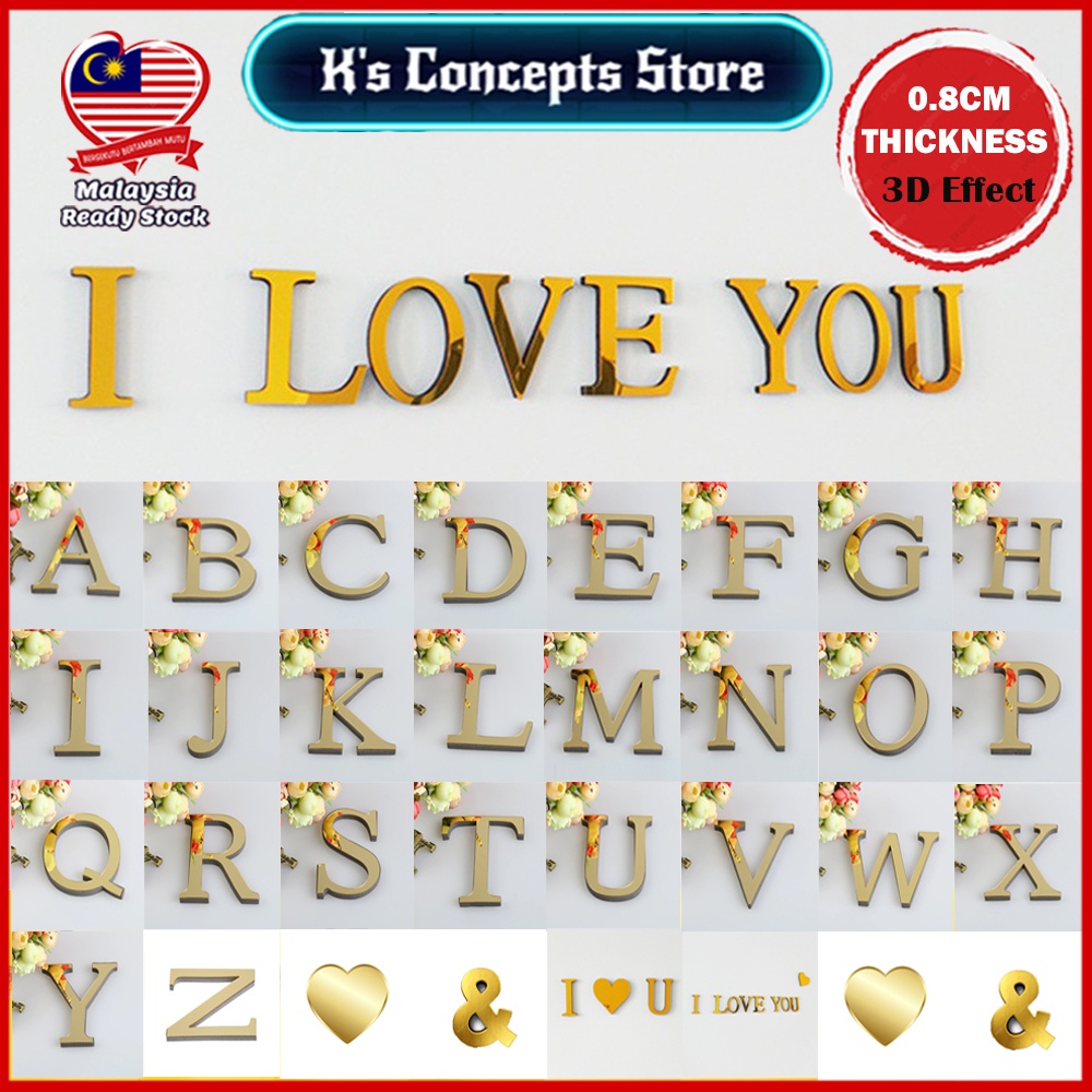 【Gold Color】Thickness 0.8cm 3D Acrylic Alphabet Wall Sticker Height ...