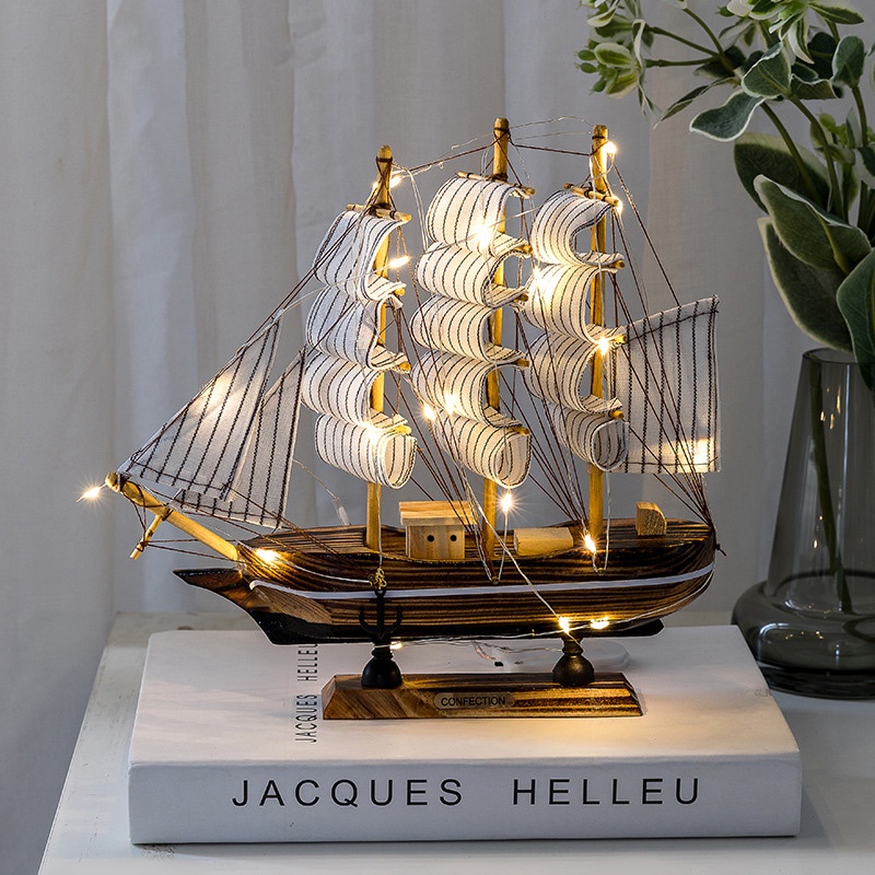 Large Handmade Wooden Ship Model with Light Strip Coastal Table ...
