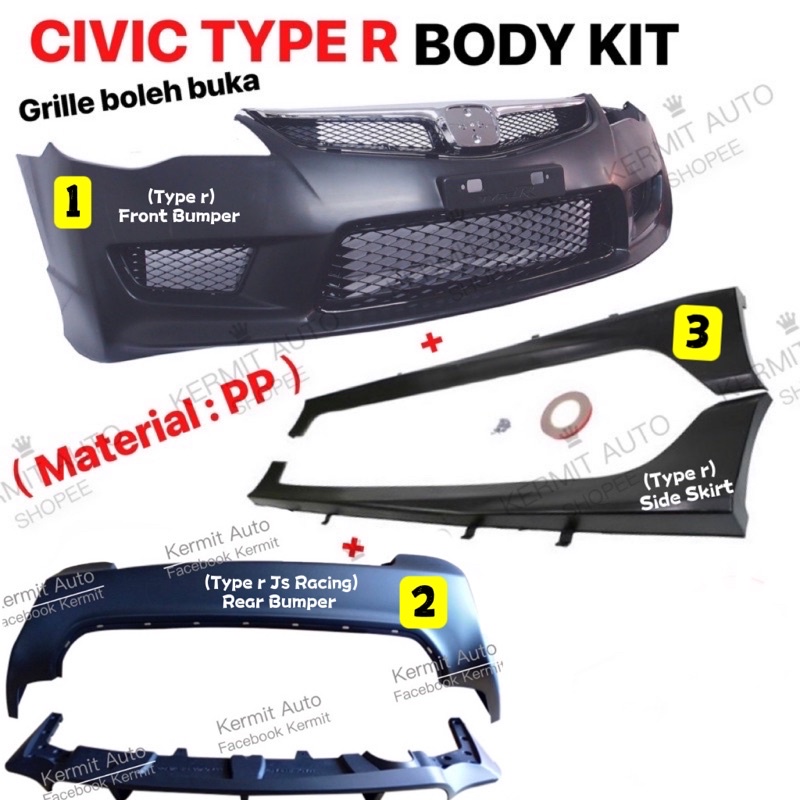 CIVIC FD TYPE R BUMPER DEPAN + (TYPE R JS RACING) BUMPER BELAKANG + SIDE SKIRT SET GRILLE CHROME ...