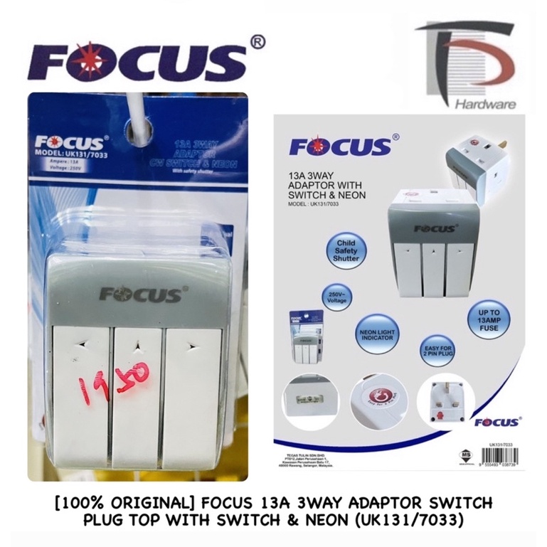 [100% ORIGINAL] FOCUS 13A 3WAY ADAPTOR SWITCH PLUG TOP WITH SWITCH ...