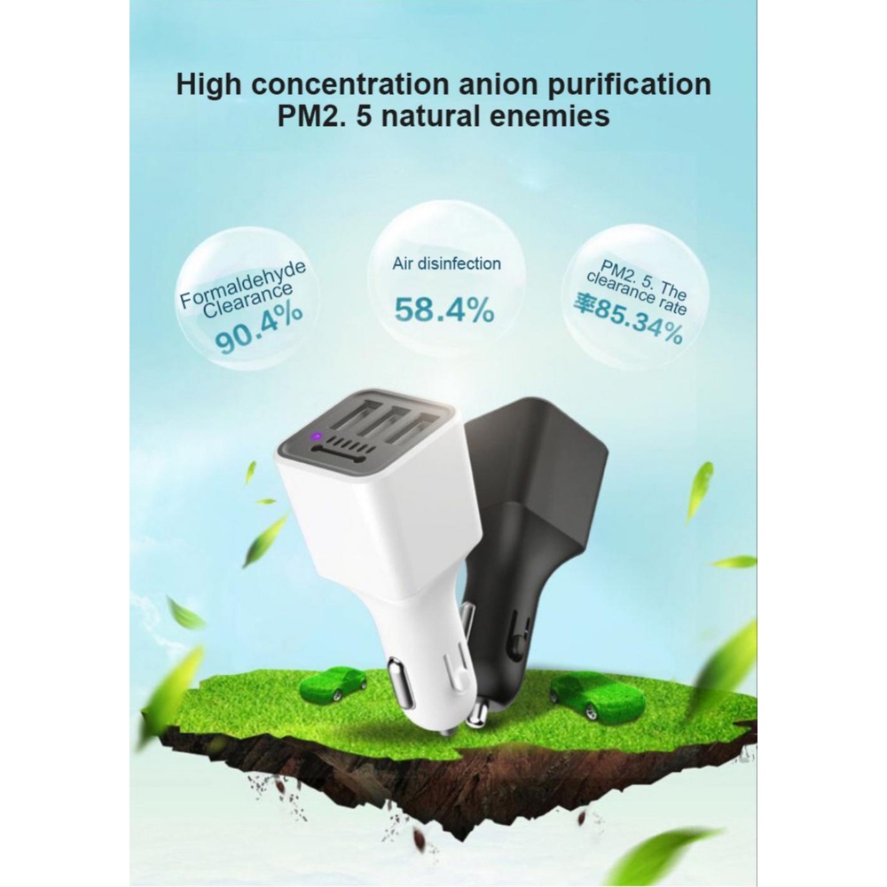 2 In 1 Car Charger Air Purifier 3.1A 3 Ports USB Phone Charger 12-24V ...