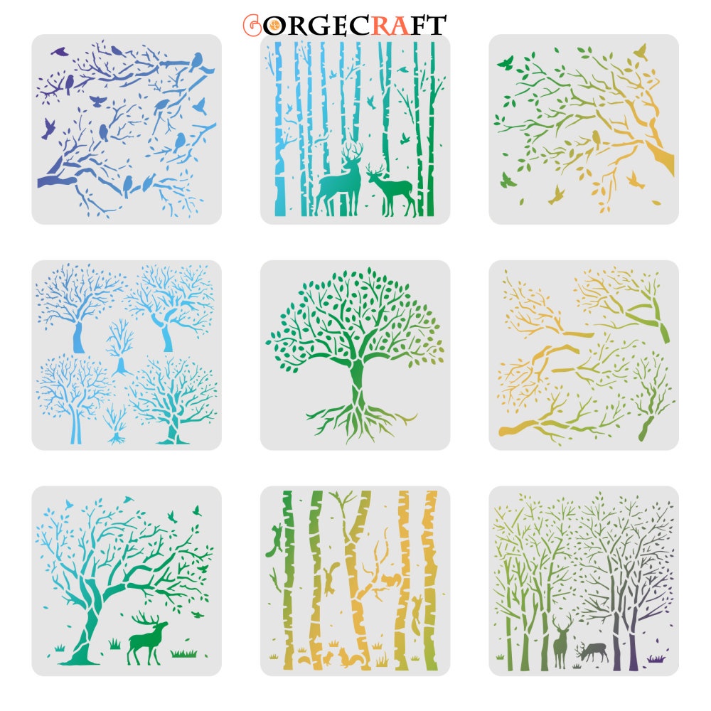 1Set 9pcs Tree Stencils 30x30cm Aspen Trees/Life Tree Stencils Painting ...