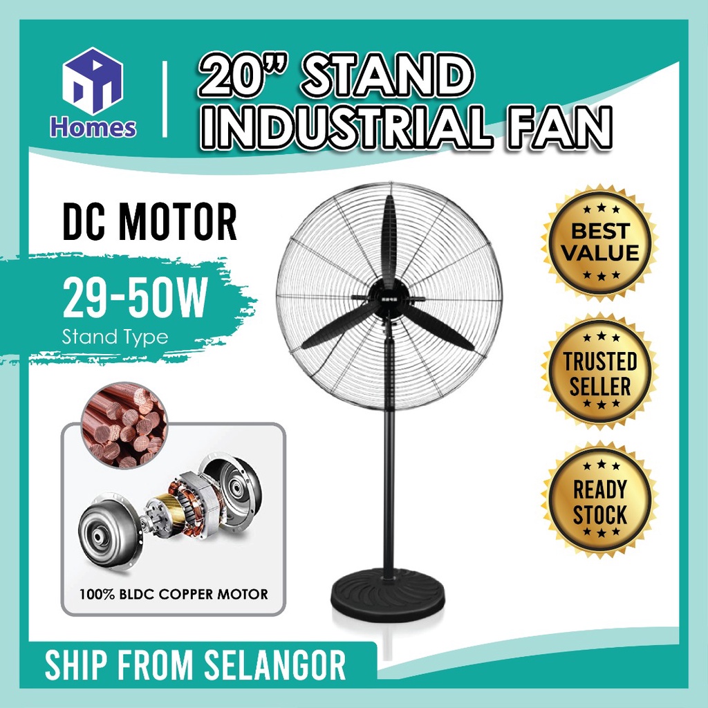 Homes 20" Industrial Fan 4 Speed DC Motor Full Copper Stand & Wall 50w ...