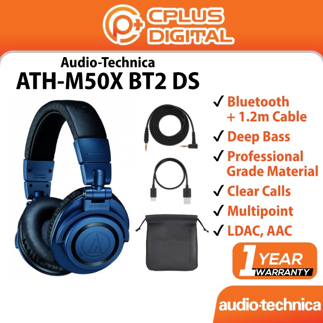 Audio Technica ATH-M50XBT2 DS Bluetooth Wireless + Wired Studio Headphones Over Ear Low Latency ...