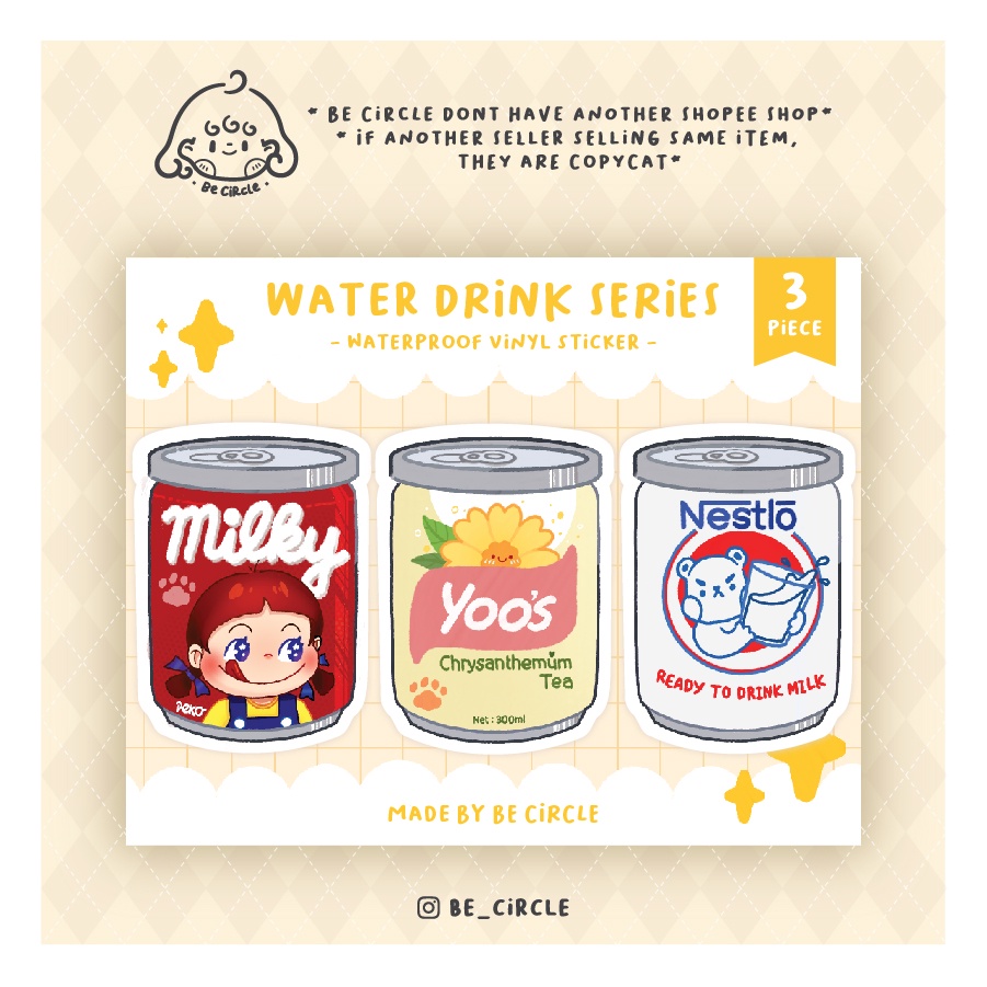BE CIRCLE Cute Drink series Waterproof Sticker 3pcs PER SET | Shopee ...