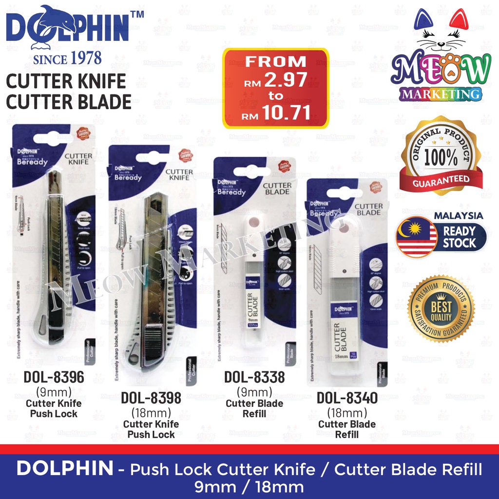 Dolphin Push Lock Metal Cutter Knife - DOL-8396 / DOL-8398 and Cutter ...