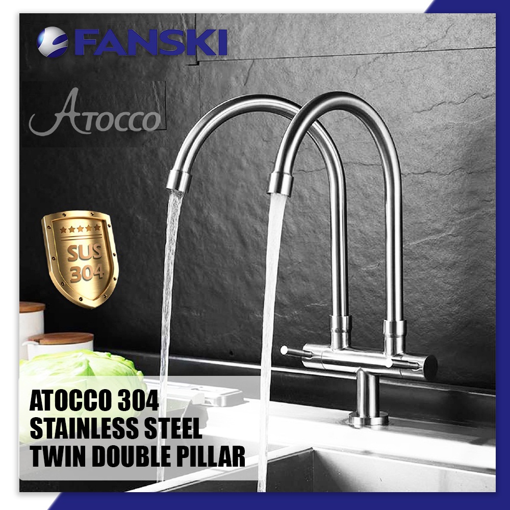 Atocco 304 Stainless Steel Twin Double Pillar Mounted Tap Sink Tap ...